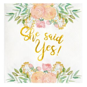 Sparkle and Bash 50 Pack Gold Foil She Said Yes Napkins for Engagement Party Supplies, Bridal Shower Decorations, Luncheon, Wedding Decor, Disposable, 3-Ply (White, 5 x 5 Inches)