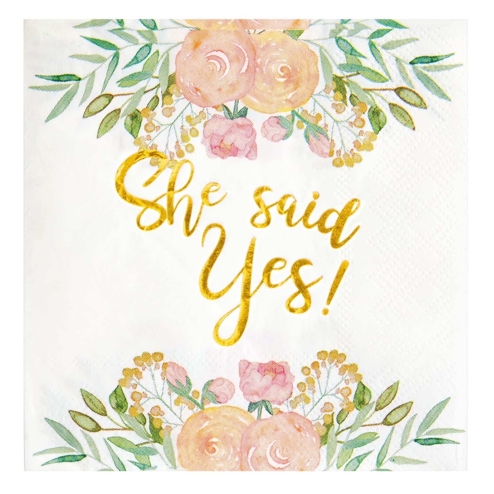 Sparkle and Bash 50 Pack Gold Foil She Said Yes Napkins for Engagement Party Supplies, Bridal Shower Decorations, Luncheon, Wedding Decor, Disposable, 3-Ply (White, 5 x 5 Inches)