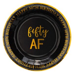 crisky 'fifty af' 50th birthday black gold theme plate, 50 pack, 9" paper plates, durable, food grade, bpa-free, biodegradable, not microwaveable