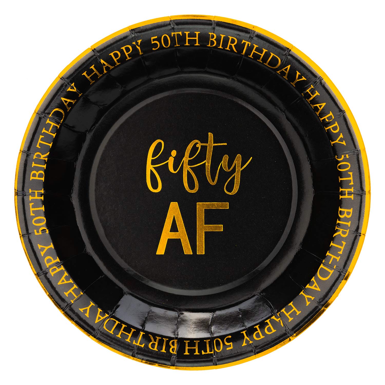 Crisky 'Fifty AF' 50th Birthday Black Gold Theme Plate, 50 Pack, 9" Paper Plates, Durable, Food Grade, BPA-Free, Biodegradable, Not Microwaveable