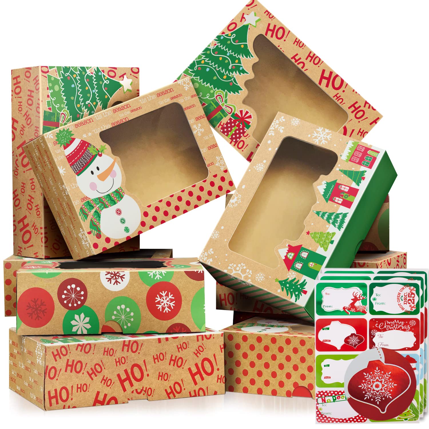 Party Funny 12 Christmas Cookie Boxes -Large Kraft Holiday Bakery Food Container for Gift Giving with 80 Count Christmas Foil Gift Stickers