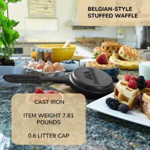 Cast Iron Stuffed Waffle Iron - Pre-Seasoned, 5" Dia, 2" Thick Round - Non-Stick Belgian Waffle Maker w/Heat-Resistant Handles – Classic Waffle Maker Compatible w/Gas, Electric, Induction & More