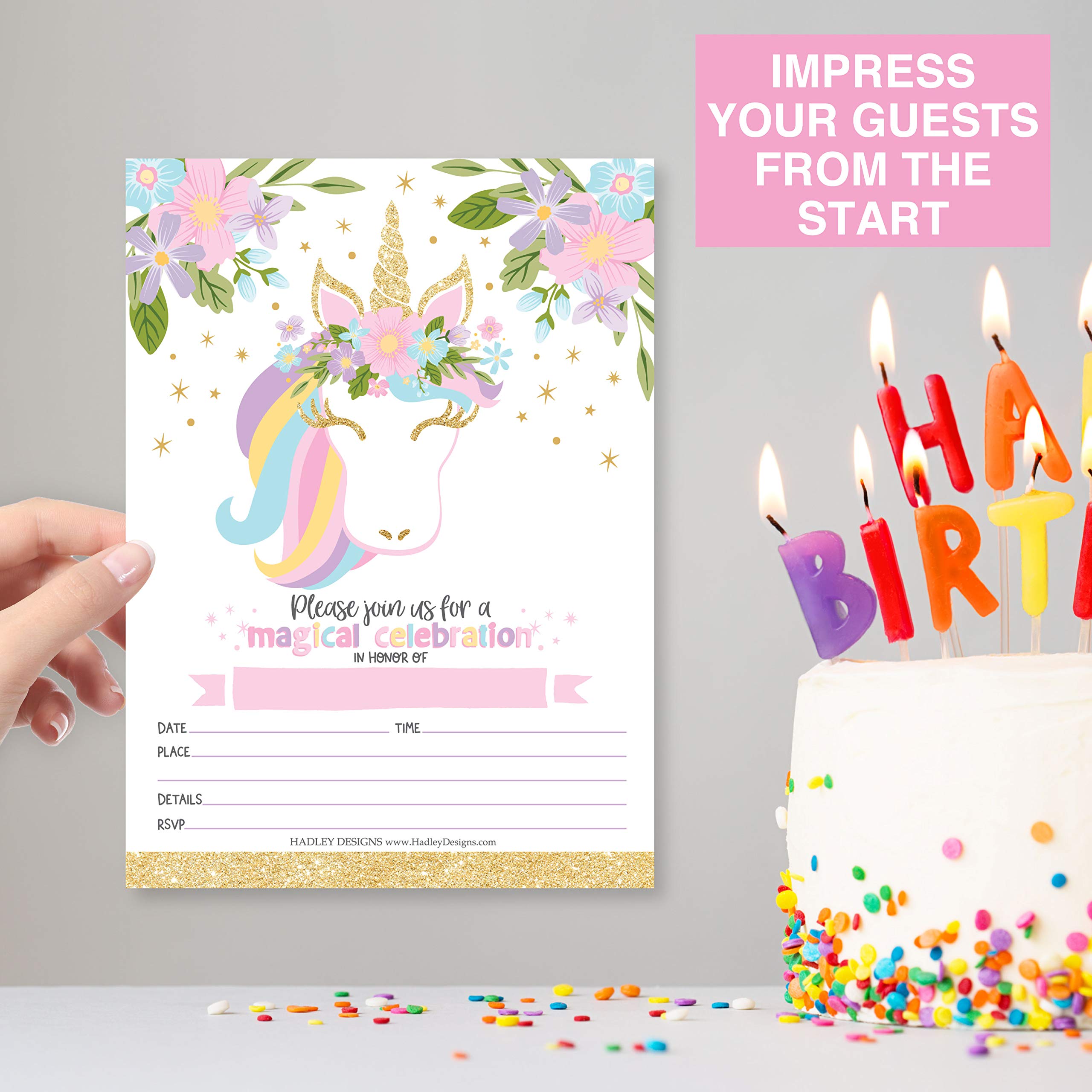 Hadley Designs 25 Pastel Unicorn Kid Party Invitation, Birthday Royal Princess Queen Crown Girl Bday Invite, Magical Rose Pink Gold Floral Glitter Rainbow Bday Idea, Magic Fairytale Printable Template