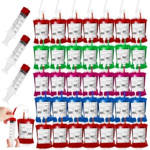 50 packs halloween blood iv bags for drinks, halloween drinks pouches reusable juice container for zombie theme carnival vampire party decorations supplies, 12.6 fl.oz (50pcs bag, 50 label,3 syringes)