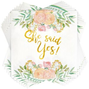 sparkle and bash 50 pack gold foil she said yes napkins for engagement party supplies, bridal shower decorations, luncheon, wedding decor, disposable, 3-ply (white, 5 x 5 inches)