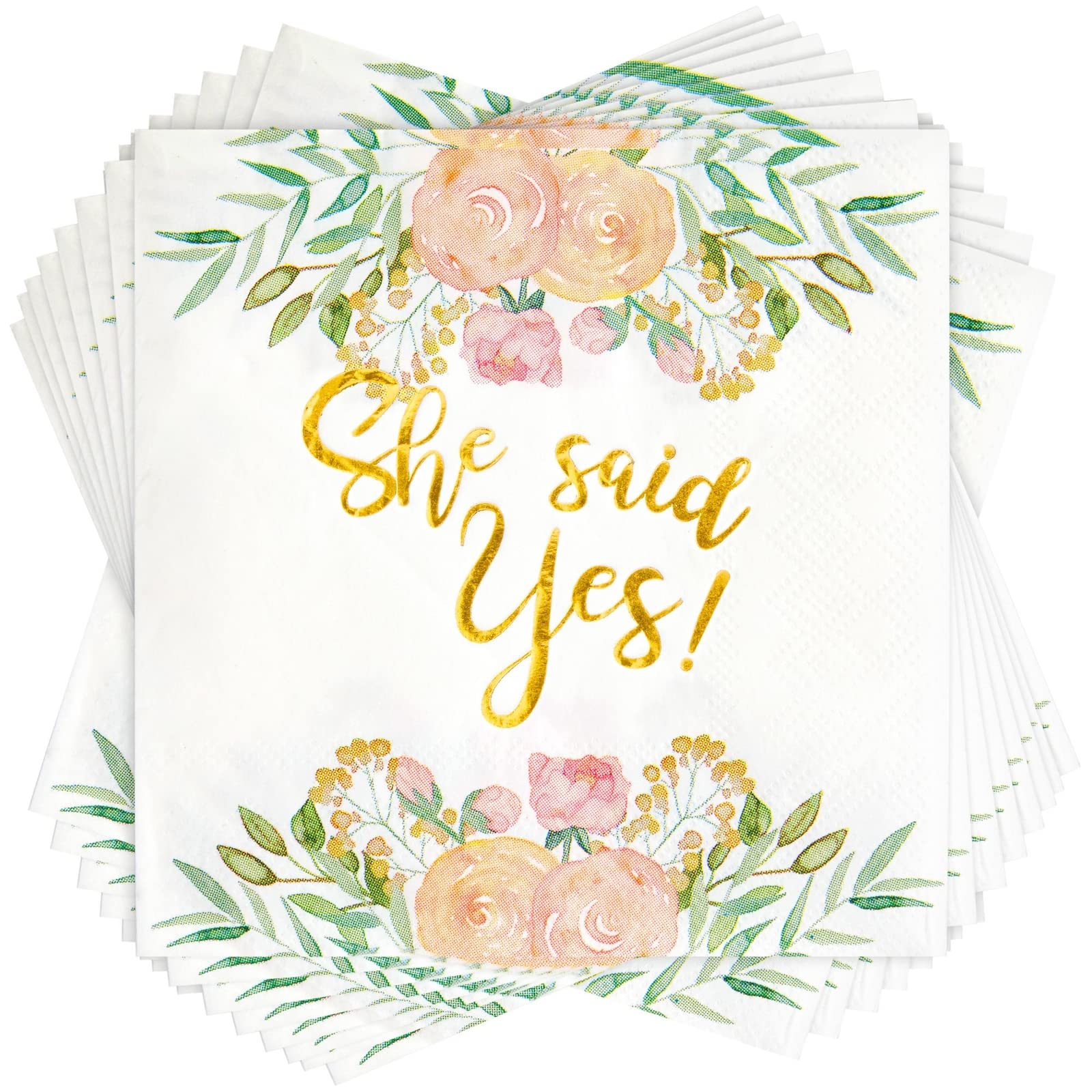 Sparkle and Bash 50 Pack Gold Foil She Said Yes Napkins for Engagement Party Supplies, Bridal Shower Decorations, Luncheon, Wedding Decor, Disposable, 3-Ply (White, 5 x 5 Inches)