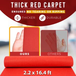 Red Carpet Runner for Party - Triple Thickness, Non-Slip Grip Dots - Felt Rug Party Decorations - Wedding Ceremony Aisle Runner, Hollywood Oscars Grammy Event Runway - 2.2x16.4 Feet