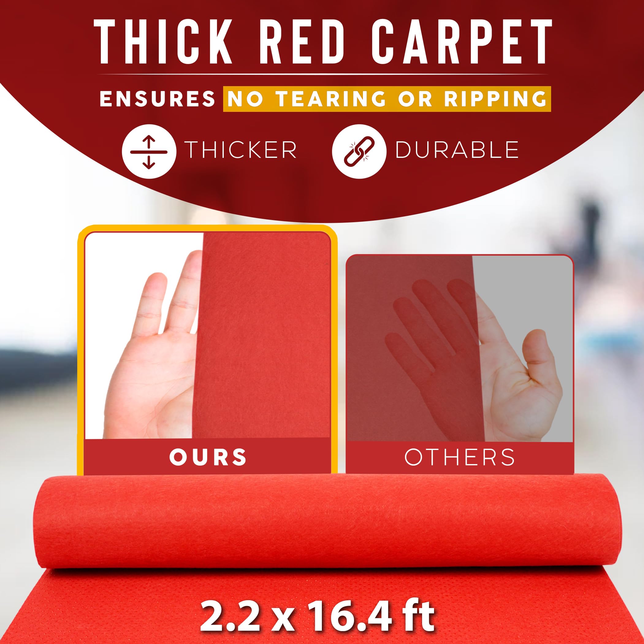 Red Carpet Runner for Party - Triple Thickness, Non-Slip Grip Dots - Felt Rug Party Decorations - Wedding Ceremony Aisle Runner, Hollywood Oscars Grammy Event Runway - 2.2x16.4 Feet