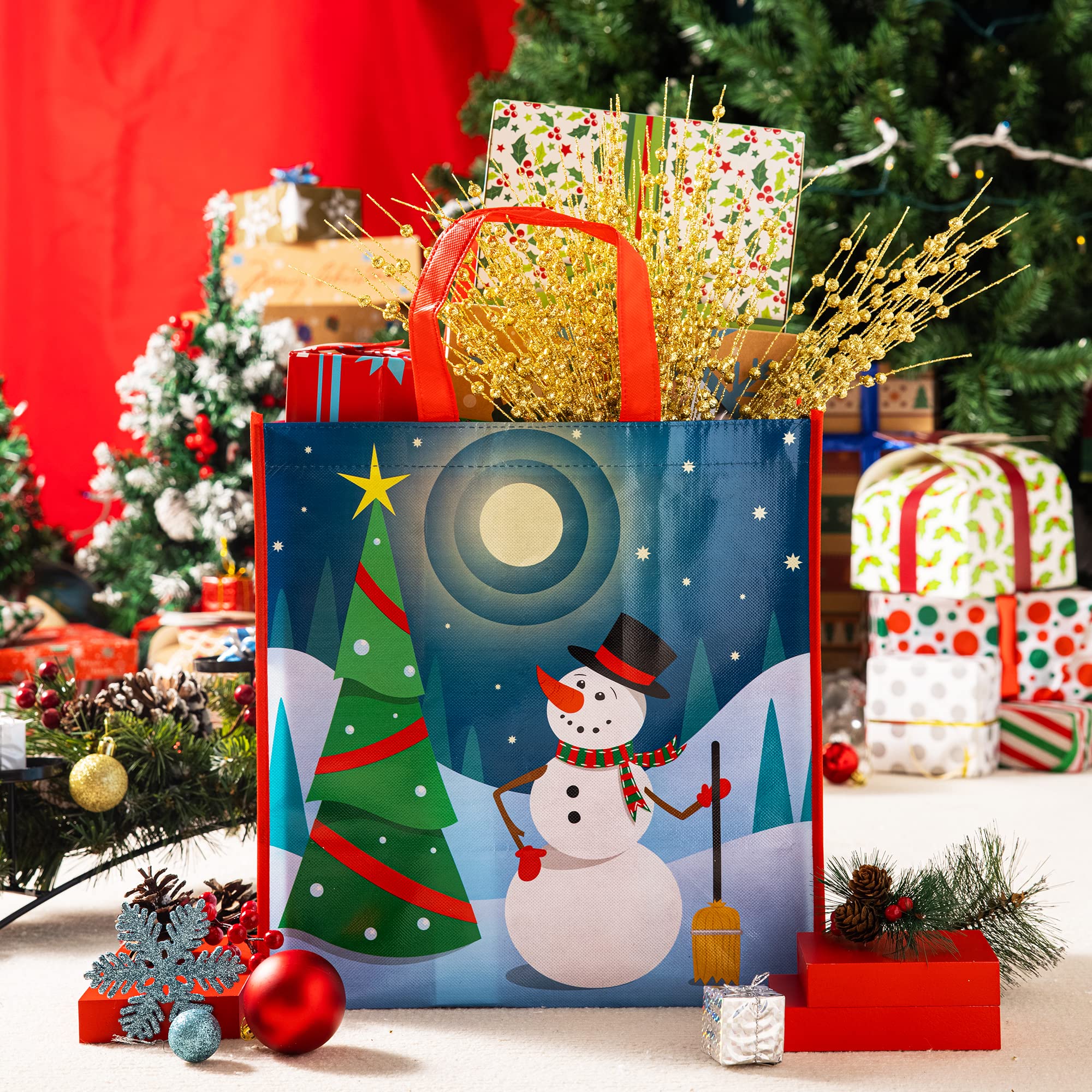 JOYIN 12 PCS 13.75" x 14" Christmas Large Tote Bags Holiday Reusable Grocery Bags for Classroom Party Favor Supplies