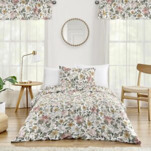 sweet jojo designs vintage floral boho girl twin size kid childrens bedding comforter set - 4 pieces - blush pink, yellow, green and white shabby chic rose flower farmhouse