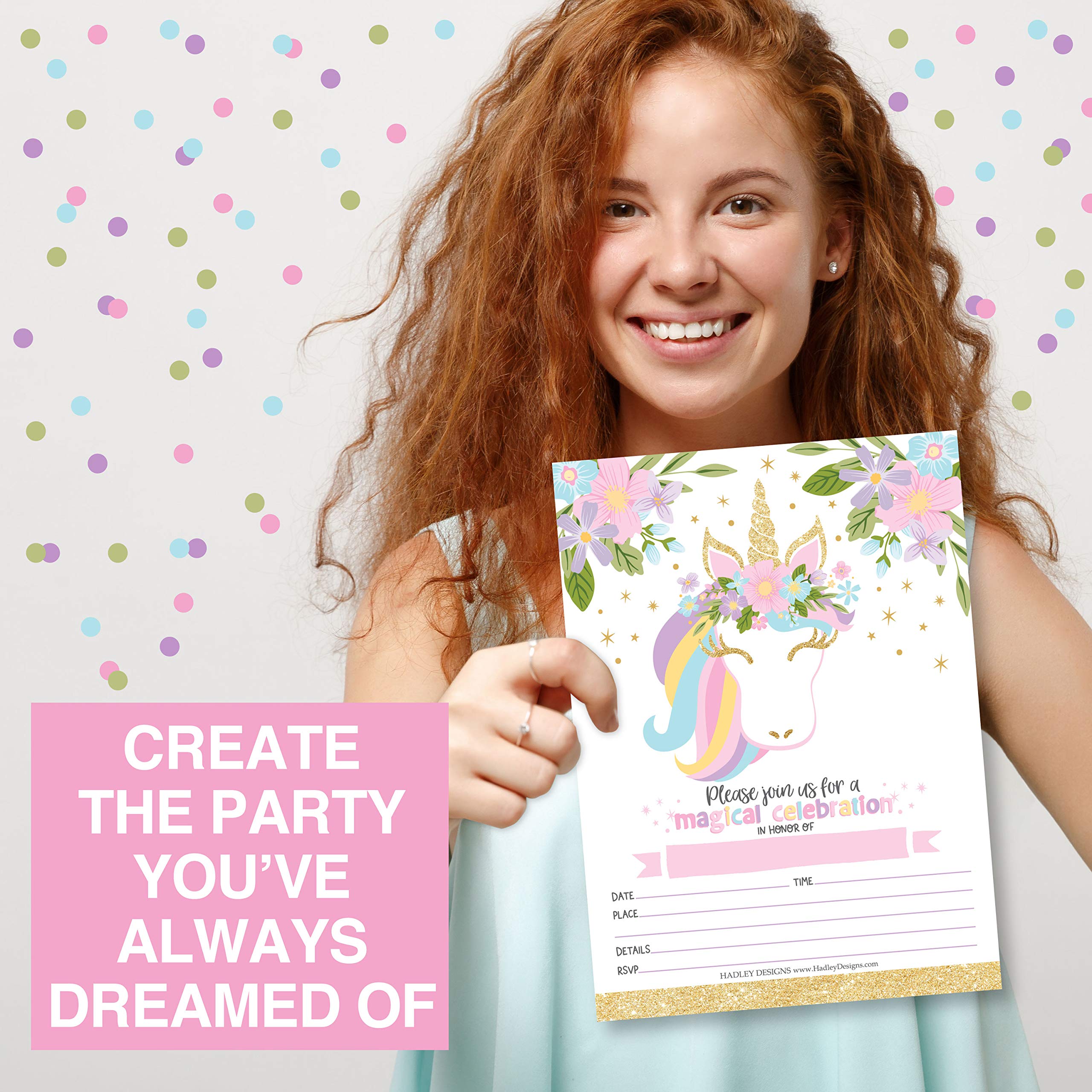 Hadley Designs 25 Pastel Unicorn Kid Party Invitation, Birthday Royal Princess Queen Crown Girl Bday Invite, Magical Rose Pink Gold Floral Glitter Rainbow Bday Idea, Magic Fairytale Printable Template