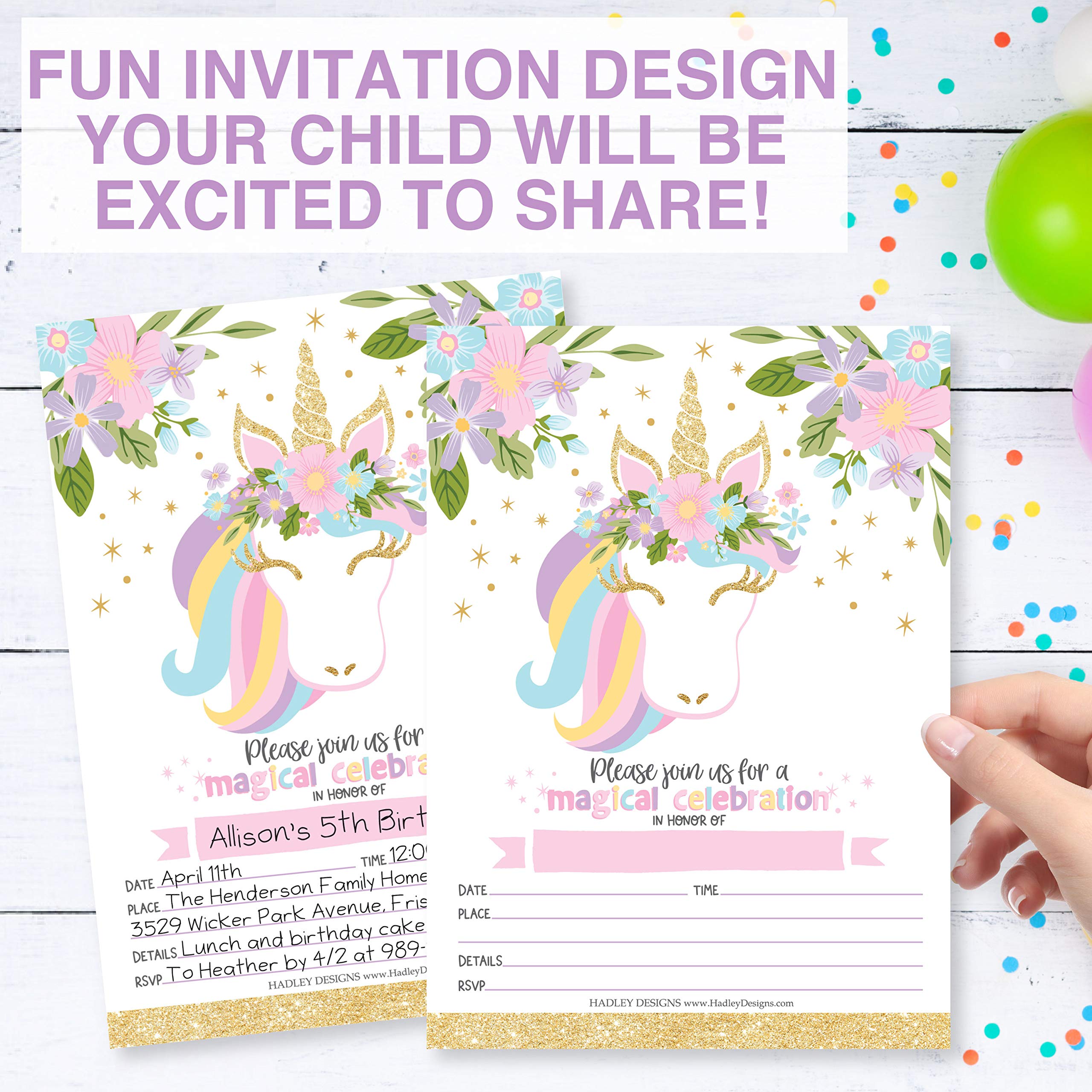 Hadley Designs 25 Pastel Unicorn Kid Party Invitation, Birthday Royal Princess Queen Crown Girl Bday Invite, Magical Rose Pink Gold Floral Glitter Rainbow Bday Idea, Magic Fairytale Printable Template