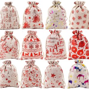 Christmas Burlap Bags with Drawstring, 5 x 7 Inch Christmas Favor Bags Jewelry Candy Pouches Sacks, Mini Storage Bag for Wedding Christmas Festive Candy Goody Storage DIY Craft - 12 Pcs