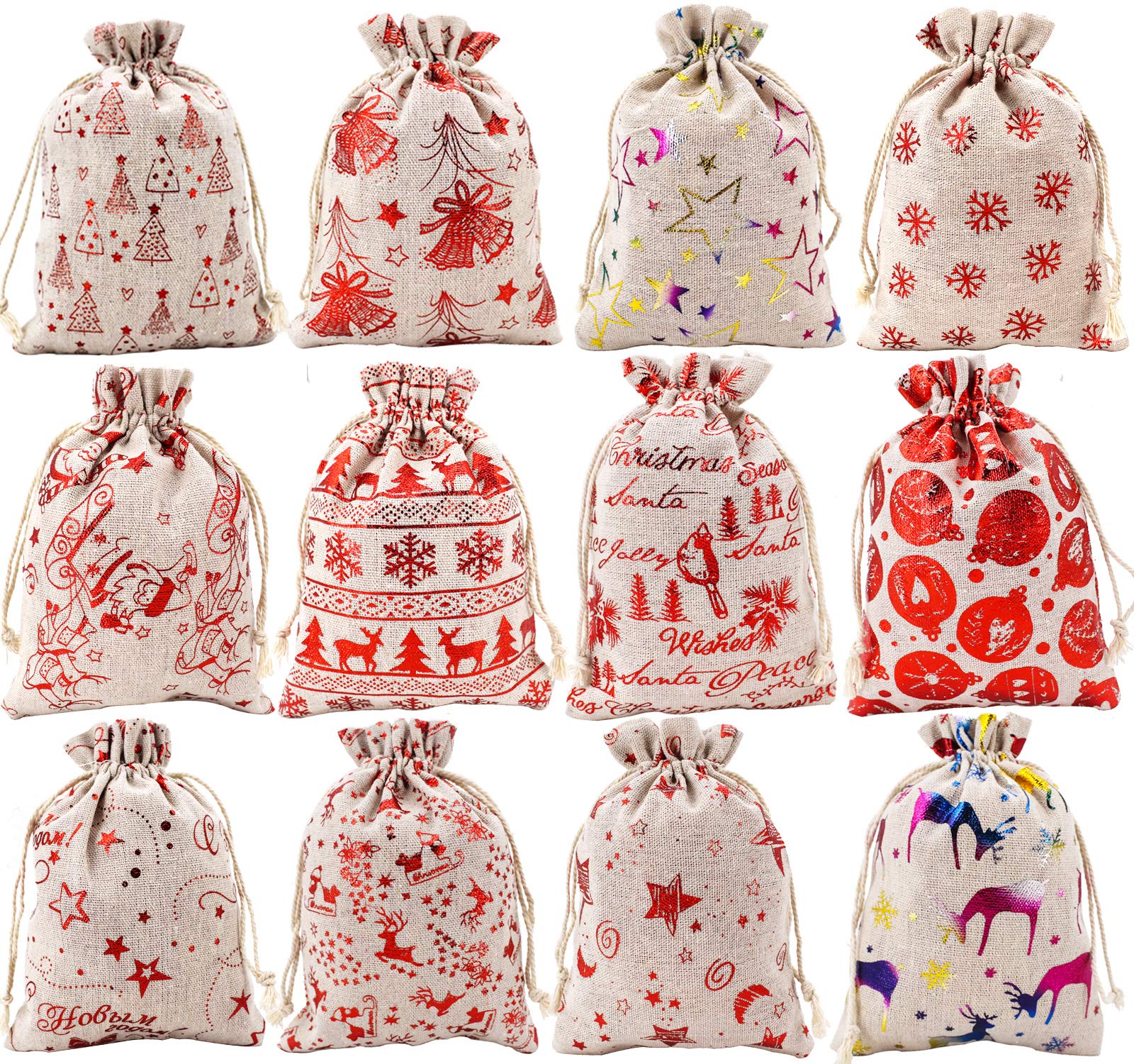 Christmas Burlap Bags with Drawstring, 5 x 7 Inch Christmas Favor Bags Jewelry Candy Pouches Sacks, Mini Storage Bag for Wedding Christmas Festive Candy Goody Storage DIY Craft - 12 Pcs