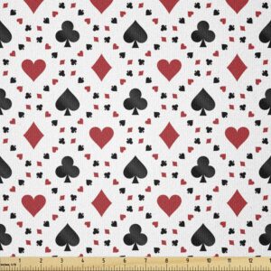 ambesonne casino fabric by the yard, poker cards advertising holidays getaways tourist destinations pleasure art print, stretch knit fabric for clothing sewing and arts crafts, 1 yard, black red