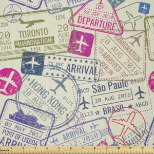 ambesonne travel fabric by the yard, passport and visa stamps illustration of toronto hong kong berlin print, stretch knit fabric for clothing sewing and arts crafts, 1 yard, eggshell pink