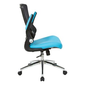 Office Star Ventilated Black Screen Back Faux Leather Manager's Office Chair with Padded Color Flip Arms with Angled Chrome Base, Blue