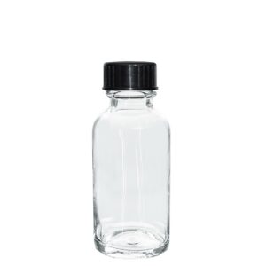 GlassBottleOutlet (Pack of 108) 1 oz. Clear Boston Round with Black Cone Lined Cap