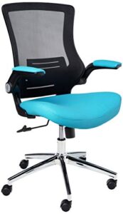 office star ventilated black screen back faux leather manager's office chair with padded color flip arms with angled chrome base, blue