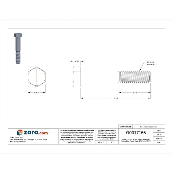 HHCS, 7/16-14x2-1/2, Steel, Gr 8, YZ, PK10