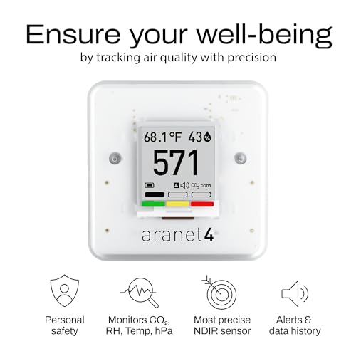 SAF Aranet4 Home: Wireless Indoor Air Quality Monitor for Office or School (CO2, Temperature, Humidity and More) Portable, Battery Powered, E-Ink Screen, App for Configuration & Data History