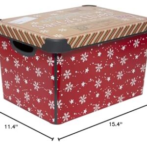 Simplify Santa’s Elves and Snowflake Design Storage Bin | Christmas Tote | Holiday Décor Decorations Organizer | Lidded | Stackable | Red