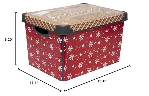 Simplify Santa’s Elves and Snowflake Design Storage Bin | Christmas Tote | Holiday Décor Decorations Organizer | Lidded | Stackable | Red