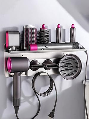 Hair Dryer Holder Compatible with Dyson Supersonic Hair Dryer Compatible with Dyson Airwrap Styler Organizer Storage 2in1 Wall Mounted Stand Fits Curler Diffuser 2 Nozzles for Bathroom Bedroom Salon