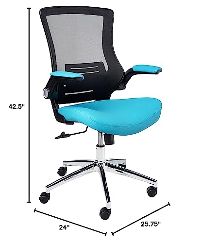 Office Star Ventilated Black Screen Back Faux Leather Manager's Office Chair with Padded Color Flip Arms with Angled Chrome Base, Blue