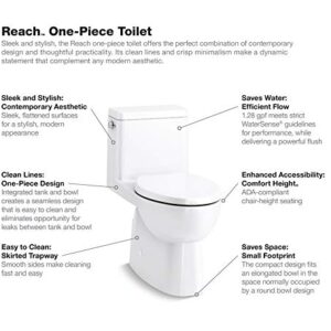 KOHLER 78080-0 Reach Comfort Height Chair Height One-Piece Compact Elongated Toilet with Skirted Trapway, Left-Hand Trip Lever, 1.28 GPF