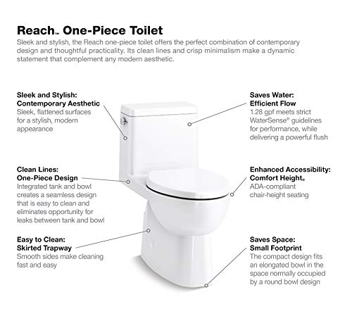 KOHLER 78080-0 Reach Comfort Height Chair Height One-Piece Compact Elongated Toilet with Skirted Trapway, Left-Hand Trip Lever, 1.28 GPF