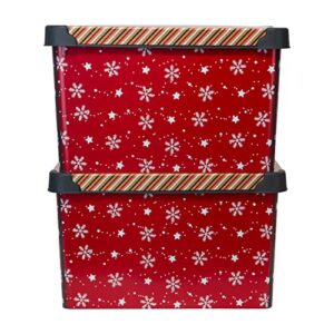 Simplify Santa’s Elves and Snowflake Design Storage Bin | Christmas Tote | Holiday Décor Decorations Organizer | Lidded | Stackable | Red