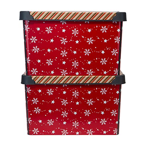 Simplify Santa’s Elves and Snowflake Design Storage Bin | Christmas Tote | Holiday Décor Decorations Organizer | Lidded | Stackable | Red