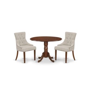 east west furniture dlfr3-mah-05 3 piece dinette set for small spaces contains a round dining table with dropleaf and 2 doeskin linen fabric upholstered chairs, 42x42 inch, mahogany