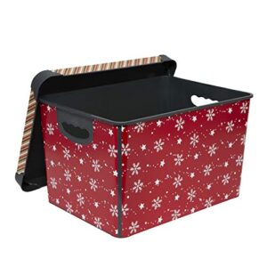 Simplify Santa’s Elves and Snowflake Design Storage Bin | Christmas Tote | Holiday Décor Decorations Organizer | Lidded | Stackable | Red