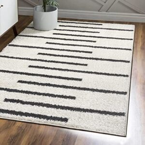 jonathan y moh402a-5 alaro berber stripe shag indoor area -rug bohemian geometric contemporary glam easy -cleaning bedroom kitchen living room non shedding, 5 x 8, white/black