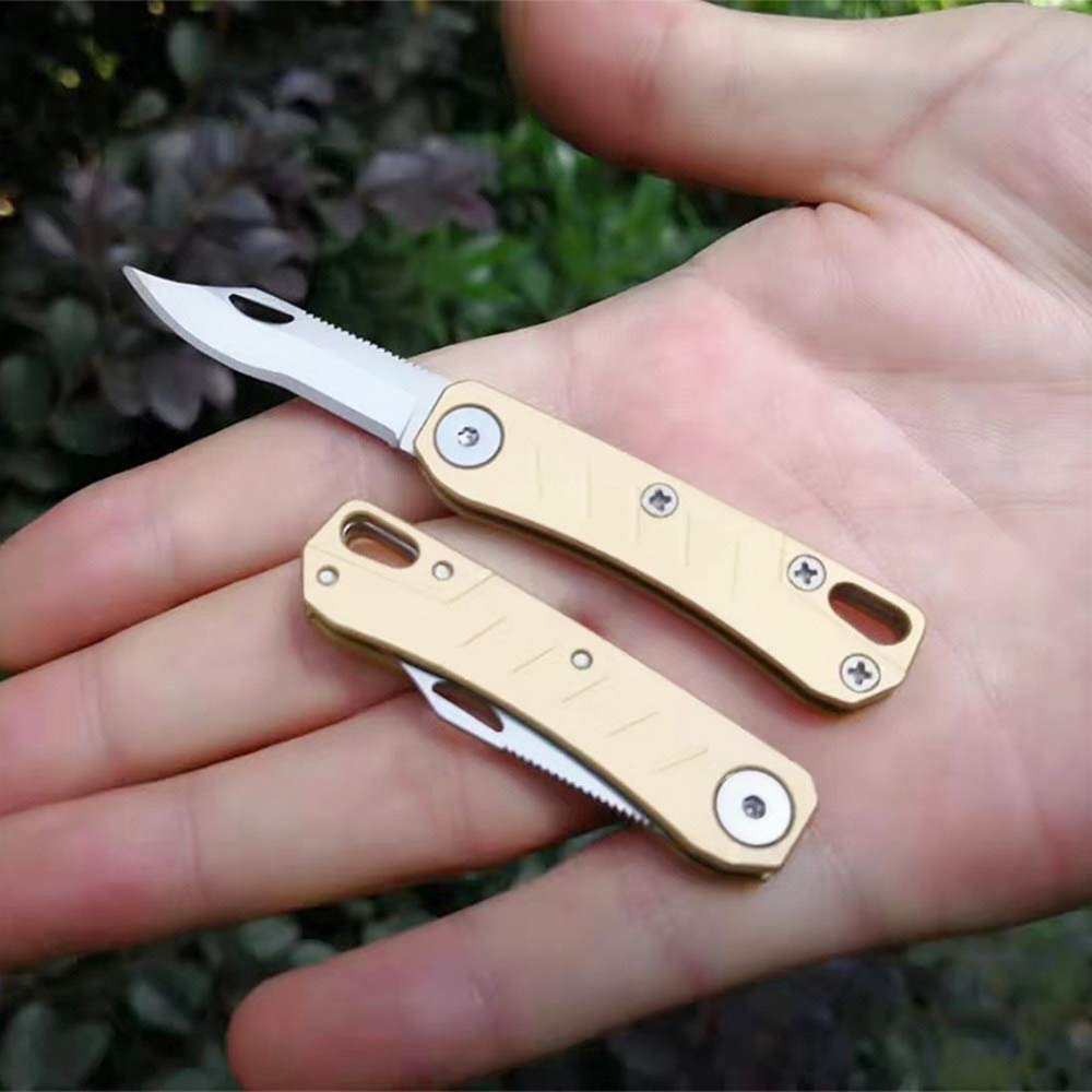 SZHOWORLD Small EDC Knife, Compact Folding Pocket Box Cutter for Cutting Rope, Carton, Paper and Boxes with Brass Handle