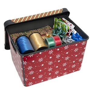 Simplify Santa’s Elves and Snowflake Design Storage Bin | Christmas Tote | Holiday Décor Decorations Organizer | Lidded | Stackable | Red