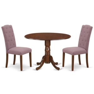 east west furniture dlce3-mah-10 3 piece dinette set for small spaces contains a round dining table with dropleaf and 2 dahlia linen fabric parsons dining chairs, 42x42 inch, mahogany