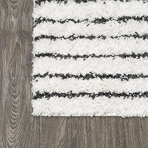 JONATHAN Y MOH407A-5 Petra Abstract Stripe Geometric Shag Indoor Area-Rug Bohemian Contemporary Glam Easy-Cleaning Bedroom Kitchen Living Room Non Shedding, 5 X 8, White/Black