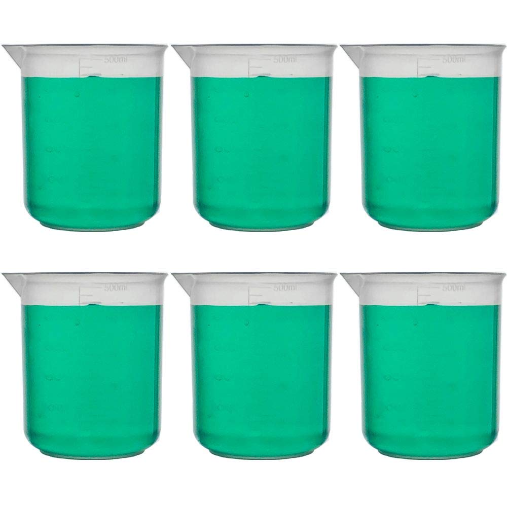 500ml Plastic Beaker, Low Form, Reusable, Polypropylene, Molded Graduations (Pack of 6)