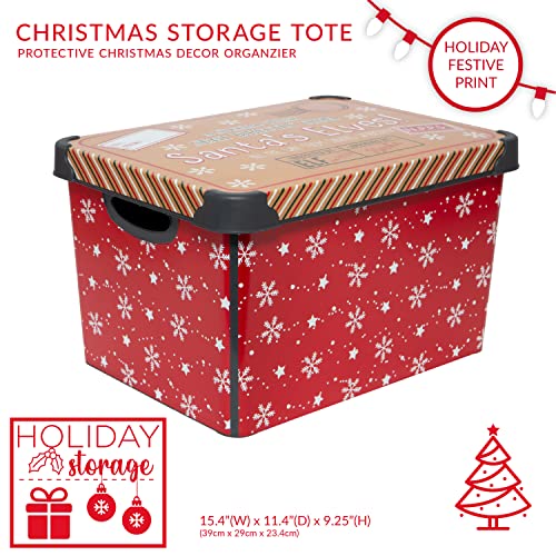 Simplify Santa’s Elves and Snowflake Design Storage Bin | Christmas Tote | Holiday Décor Decorations Organizer | Lidded | Stackable | Red