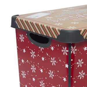 Simplify Santa’s Elves and Snowflake Design Storage Bin | Christmas Tote | Holiday Décor Decorations Organizer | Lidded | Stackable | Red