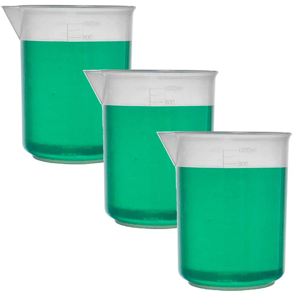 1000ml Plastic Beaker, Low Form, Reusable, Polypropylene, Molded Graduations (Pack of 3)