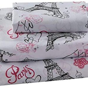 Home Collection Twin Size Comforter And Sheet Set Paris Eiffel Tower Hearts Flowers for Girls/Teens White Pink Black Pink / White New