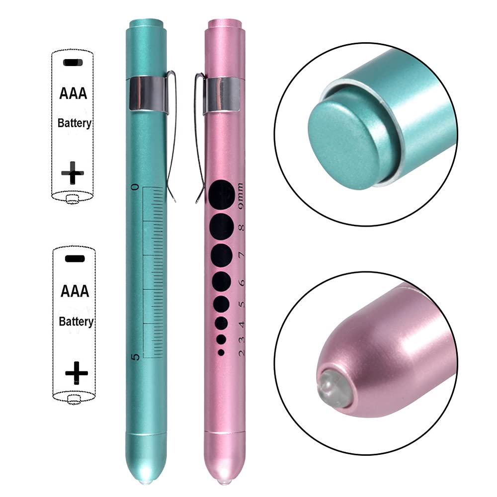 Aokin Pen Light with Pupil Gauge, Reusable LED Penlight Medical for Doctor Nurse Diagnostic etc, White Light, Teal and Rose Gold