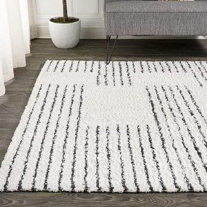 JONATHAN Y MOH407A-5 Petra Abstract Stripe Geometric Shag Indoor Area-Rug Bohemian Contemporary Glam Easy-Cleaning Bedroom Kitchen Living Room Non Shedding, 5 X 8, White/Black