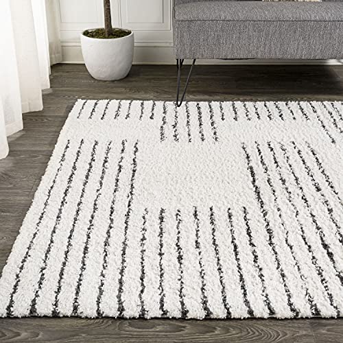 JONATHAN Y MOH407A-5 Petra Abstract Stripe Geometric Shag Indoor Area-Rug Bohemian Contemporary Glam Easy-Cleaning Bedroom Kitchen Living Room Non Shedding, 5 X 8, White/Black