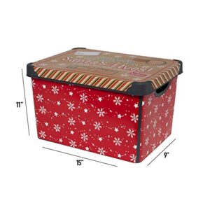 Simplify Santa’s Elves and Snowflake Design Storage Bin | Christmas Tote | Holiday Décor Decorations Organizer | Lidded | Stackable | Red