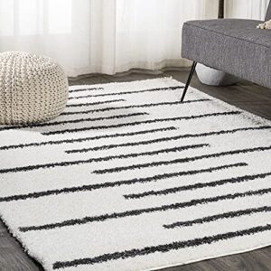 JONATHAN Y MOH402A-5 Alaro Berber Stripe Shag Indoor Area -Rug Bohemian Geometric Contemporary Glam Easy -Cleaning Bedroom Kitchen Living Room Non Shedding, 5 X 8, White/Black